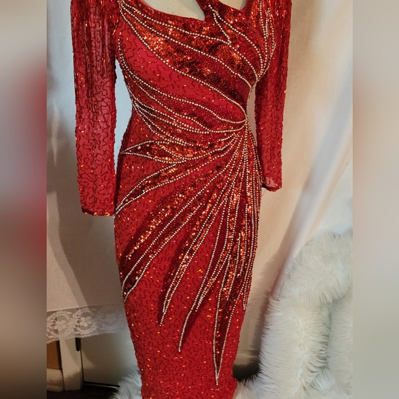 Vintage | Dresses | Vintage Red And Gold Beaded Sequence Gown | Poshmark